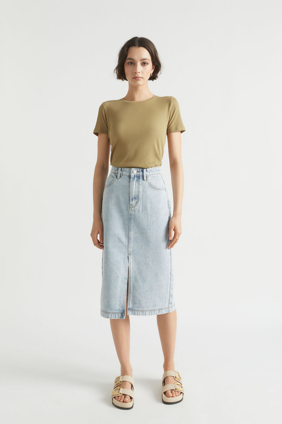 Denim Midi Split Front Skirt Seed Heritage