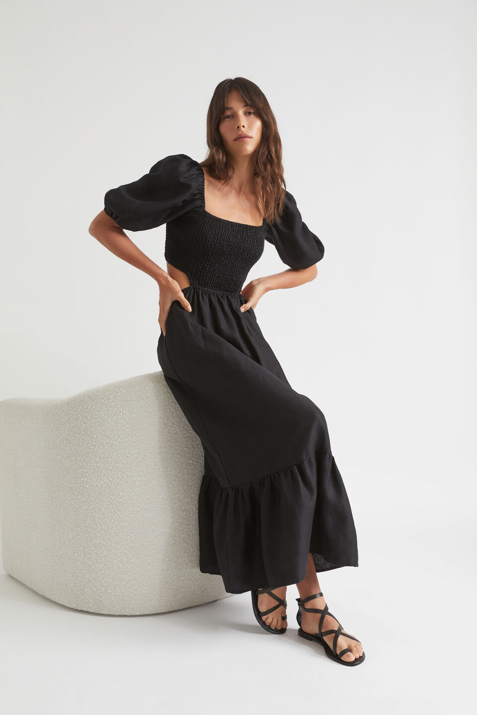 Linen Cut Out Shirred Midi Dress | Seed Heritage